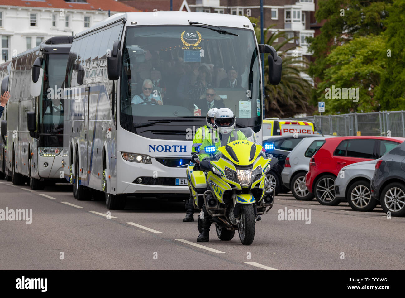 British Motorbike police outriders at the front of a motorcade Stock ...