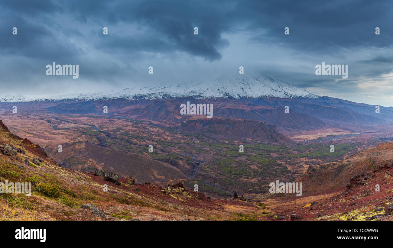 Snow Capped Mount Ostry Tolbachik Covered By Clouds The Highest Point