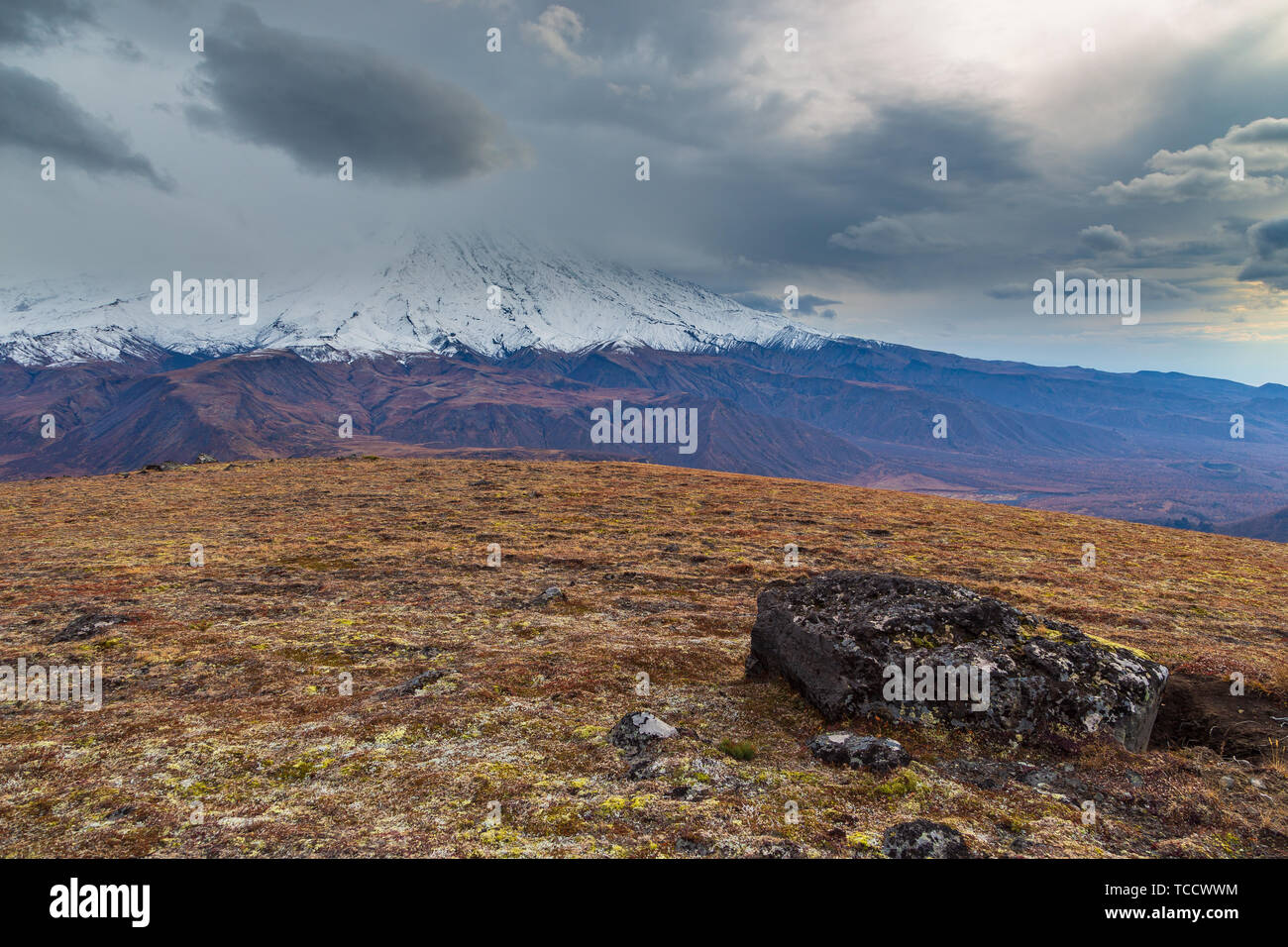 Snow Capped Mount Ostry Tolbachik Covered By Clouds The Highest Point