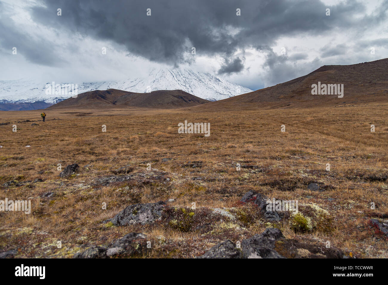 Snow Capped Mount Ostry Tolbachik Covered By Clouds The Highest Point