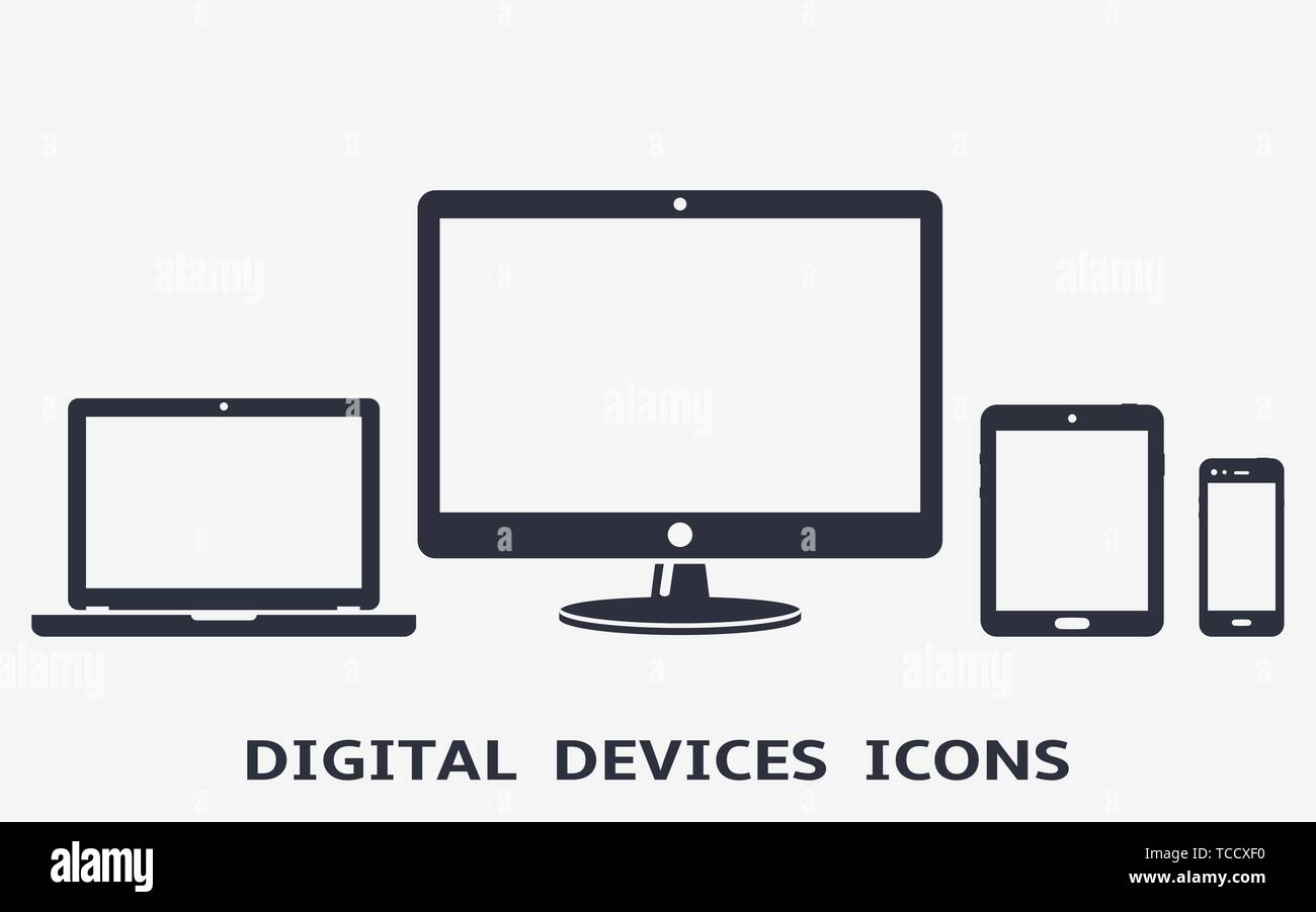 Digital device icons: smart phone, tablet, laptop and desktop computer ...