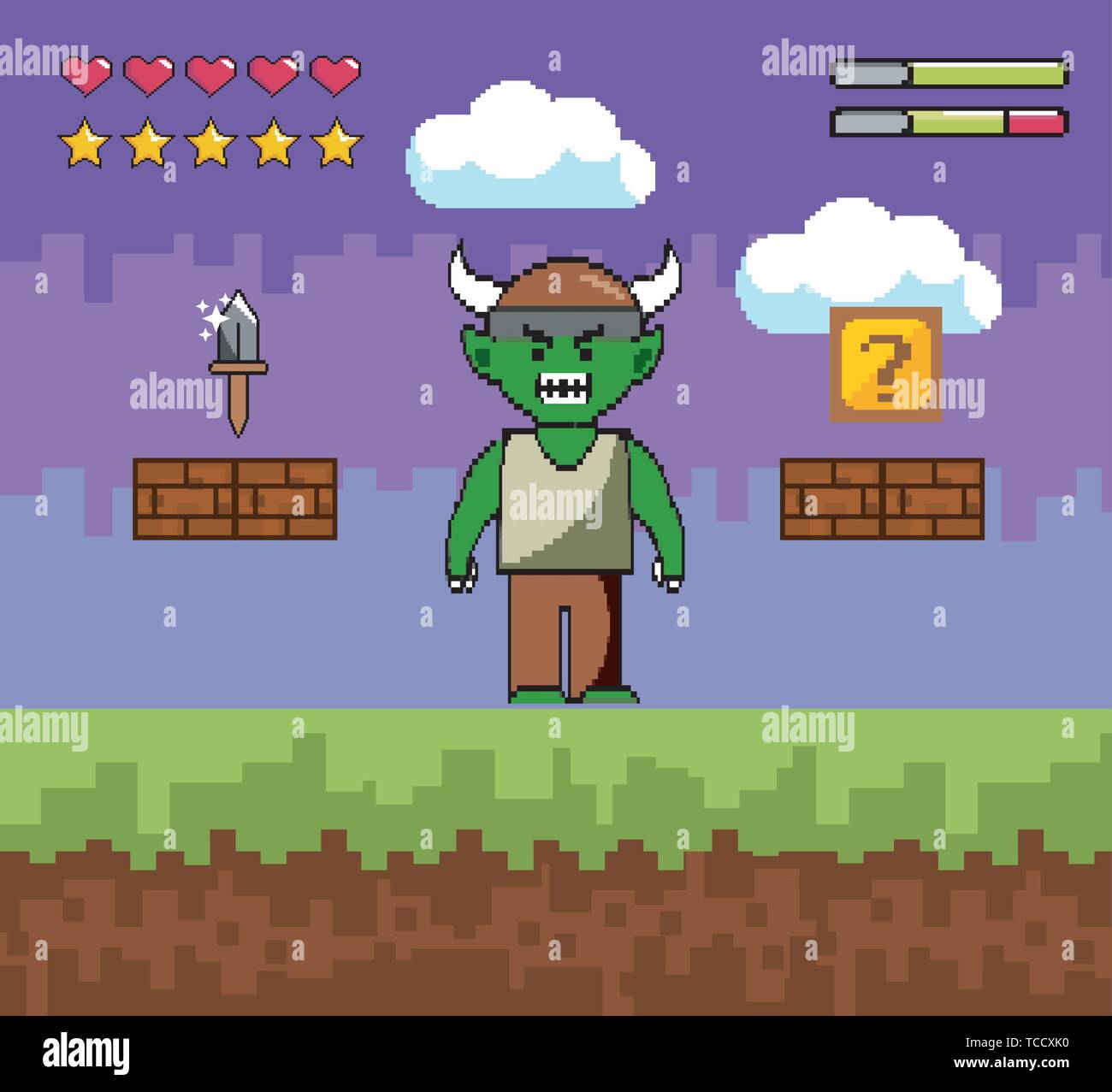 demon character with knife and cube with life bars to videogame scene ...