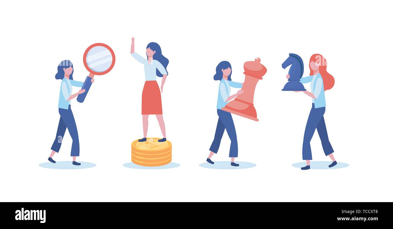 set of businesswomen with magnifying glass and queen with horse chess ...