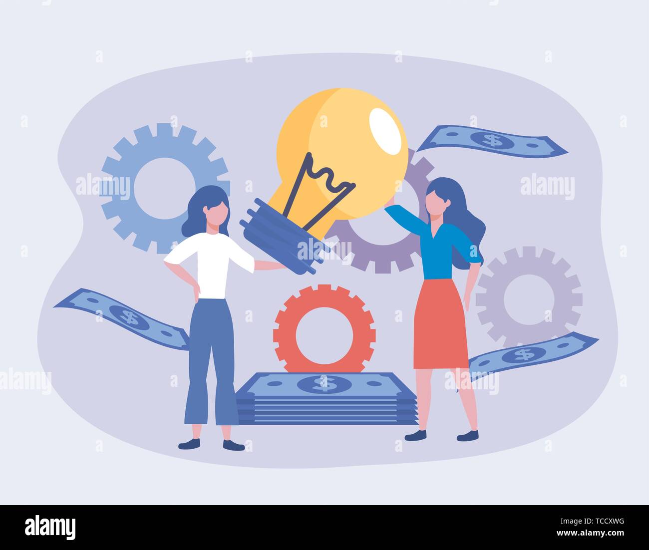 businesswomen with bulb idea and gears with bills to teamwork strategy ...