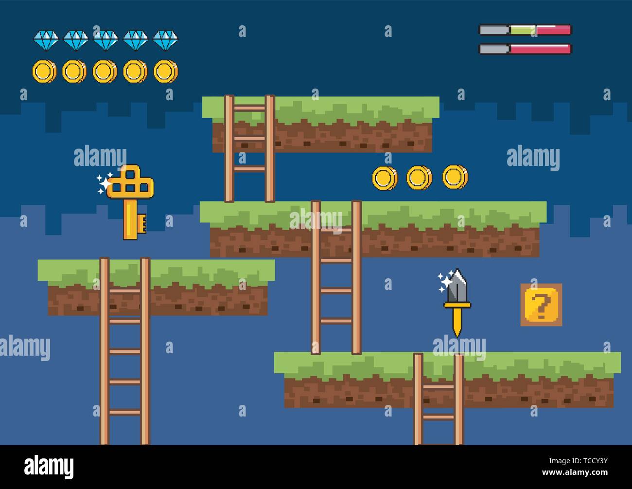 diamonds and coins bars with key and ladders to videogame scene vector ...