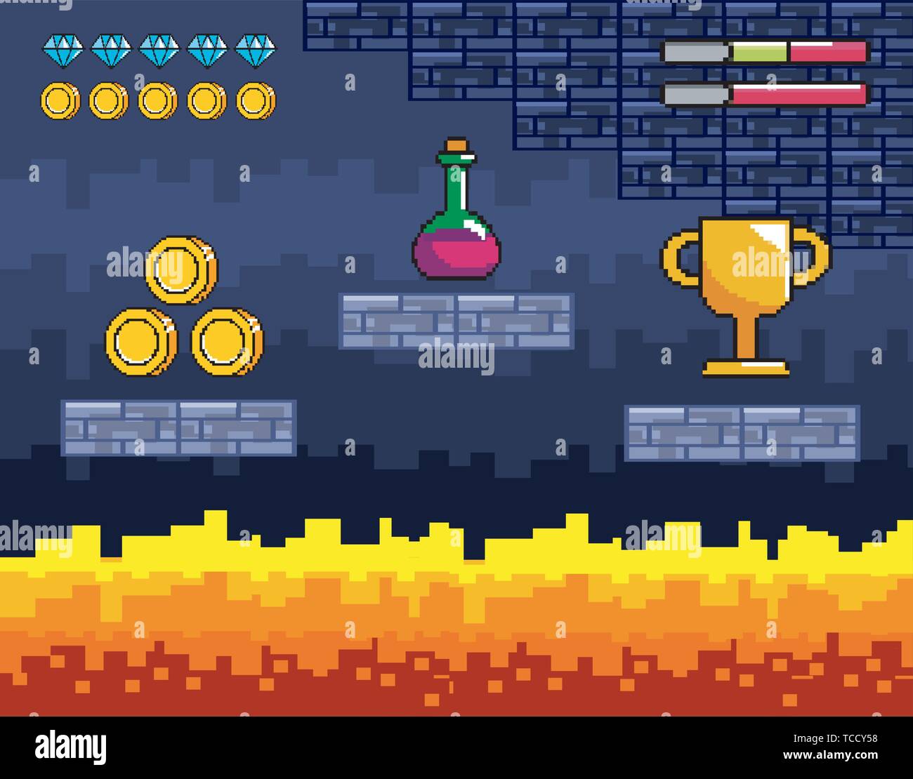 potion with cup prize and fire scene to videogame graphic vector ...