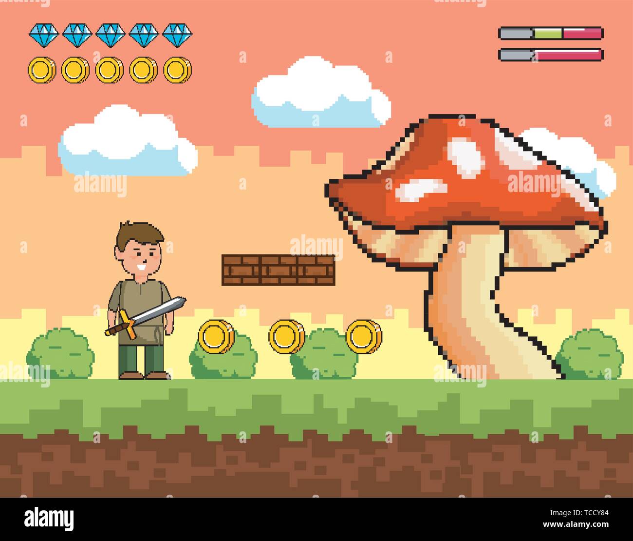 boy with sword and fungus with diamonds and coins bars to videogame ...