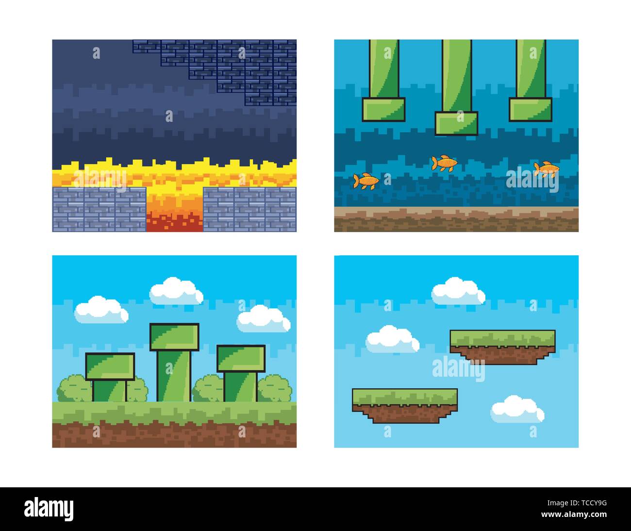 set of videogame pixelated graphic scene to digital simulator vector ...