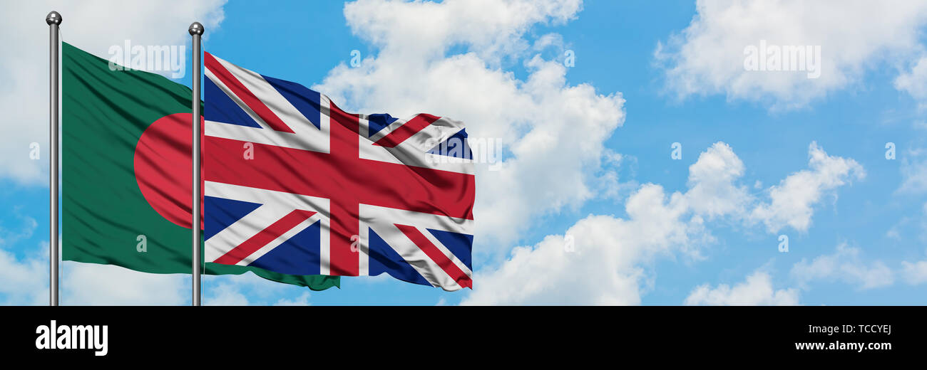 Bangladesh and United Kingdom flag waving in the wind against white ...