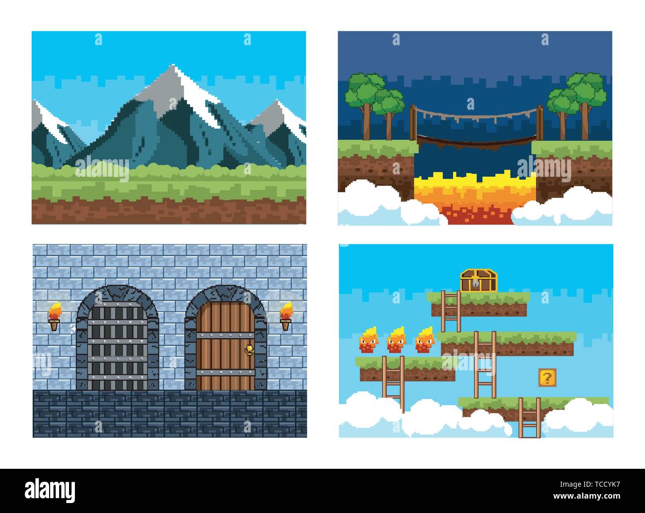 set of pixelated videogame graphic digital scene over white background ...