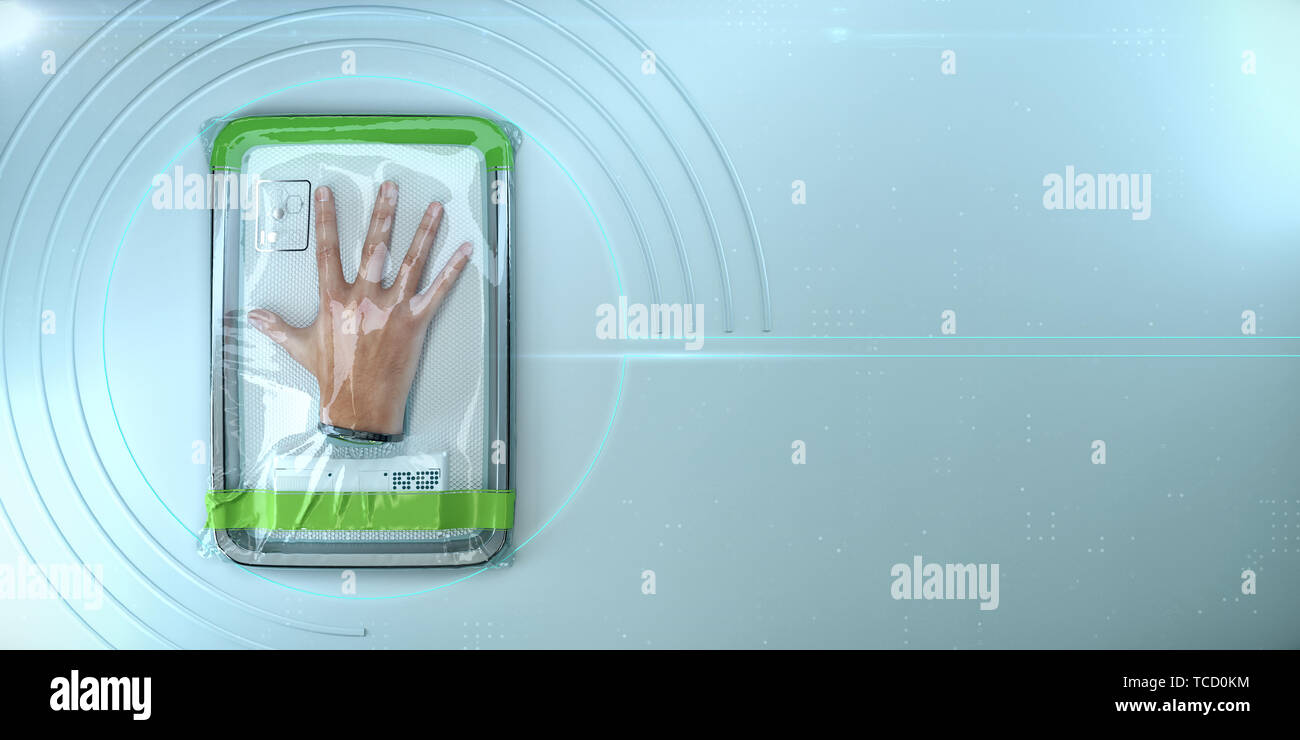 human hand, bionic organ packed in plastic vacuum wrap. concept of ...