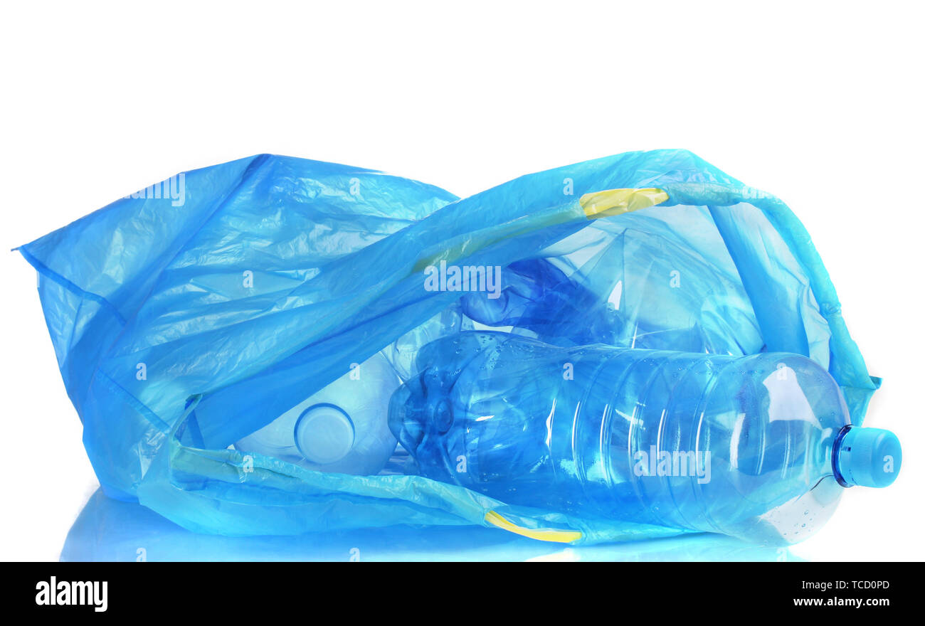 open blue garbage bag with trash isolated on white Stock Photo - Alamy