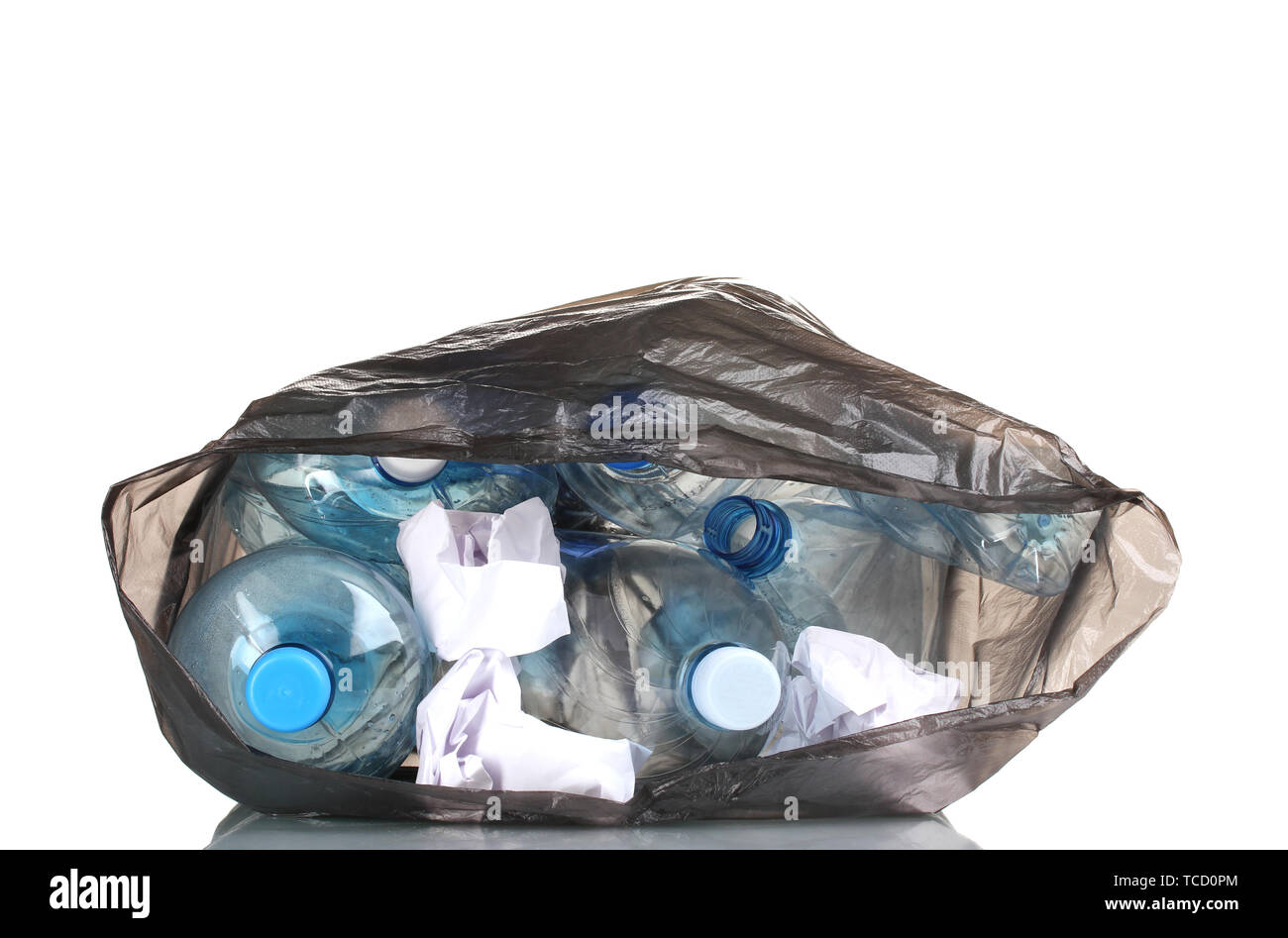 open black garbage bag with trash isolated on white Stock Photo - Alamy
