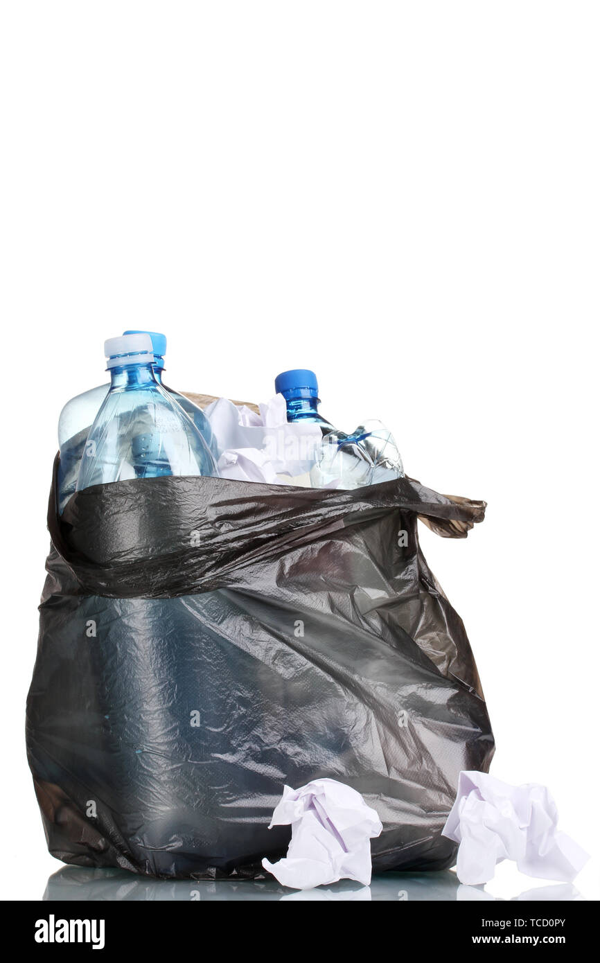 open black garbage bag with trash isolated on white Stock Photo - Alamy