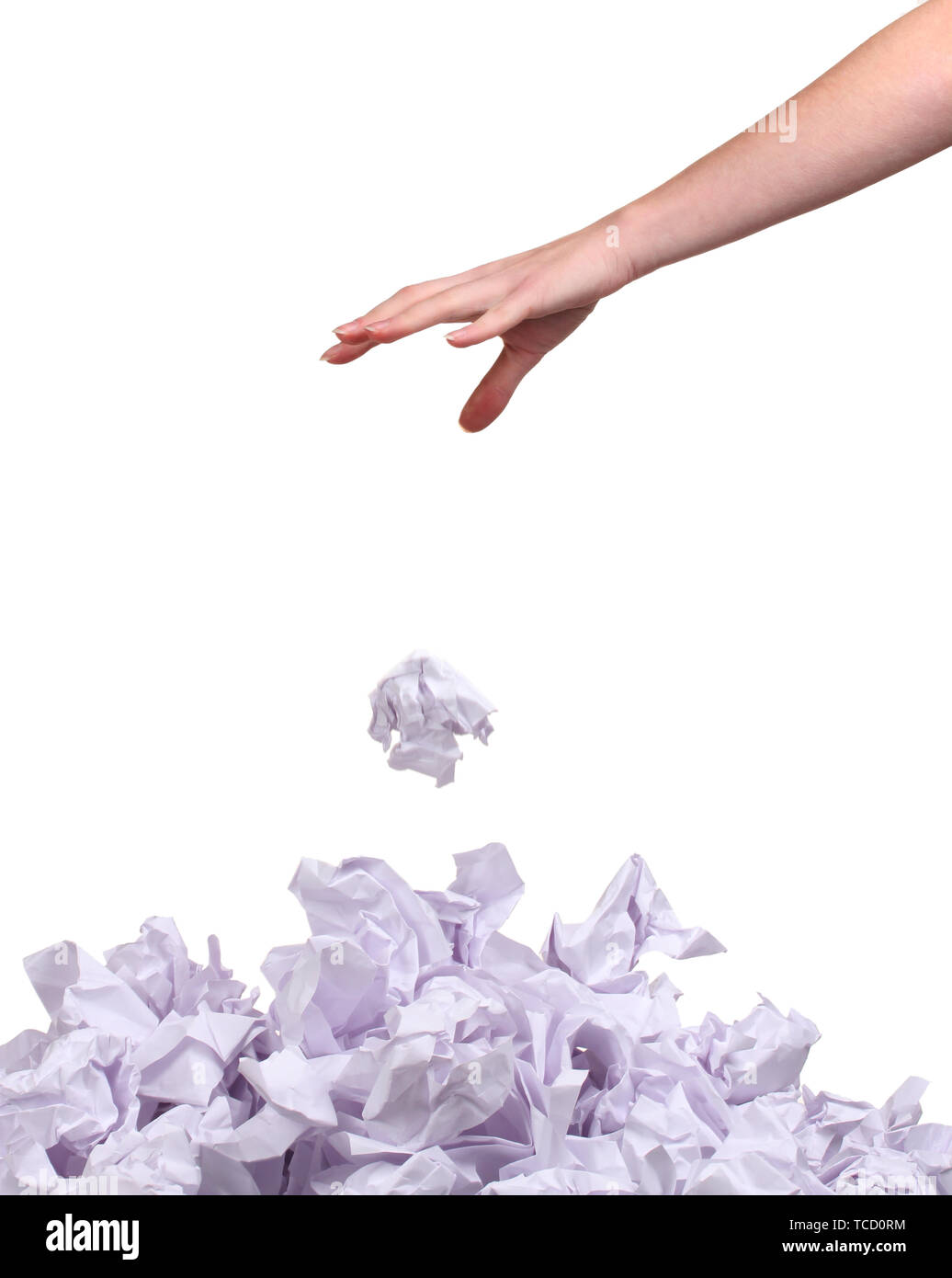 stack of crumpled paper balls and hand isolated on white Stock Photo ...