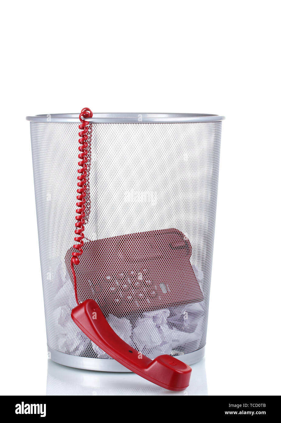 red phone and paper in metal trash bin isolated on white Stock Photo ...