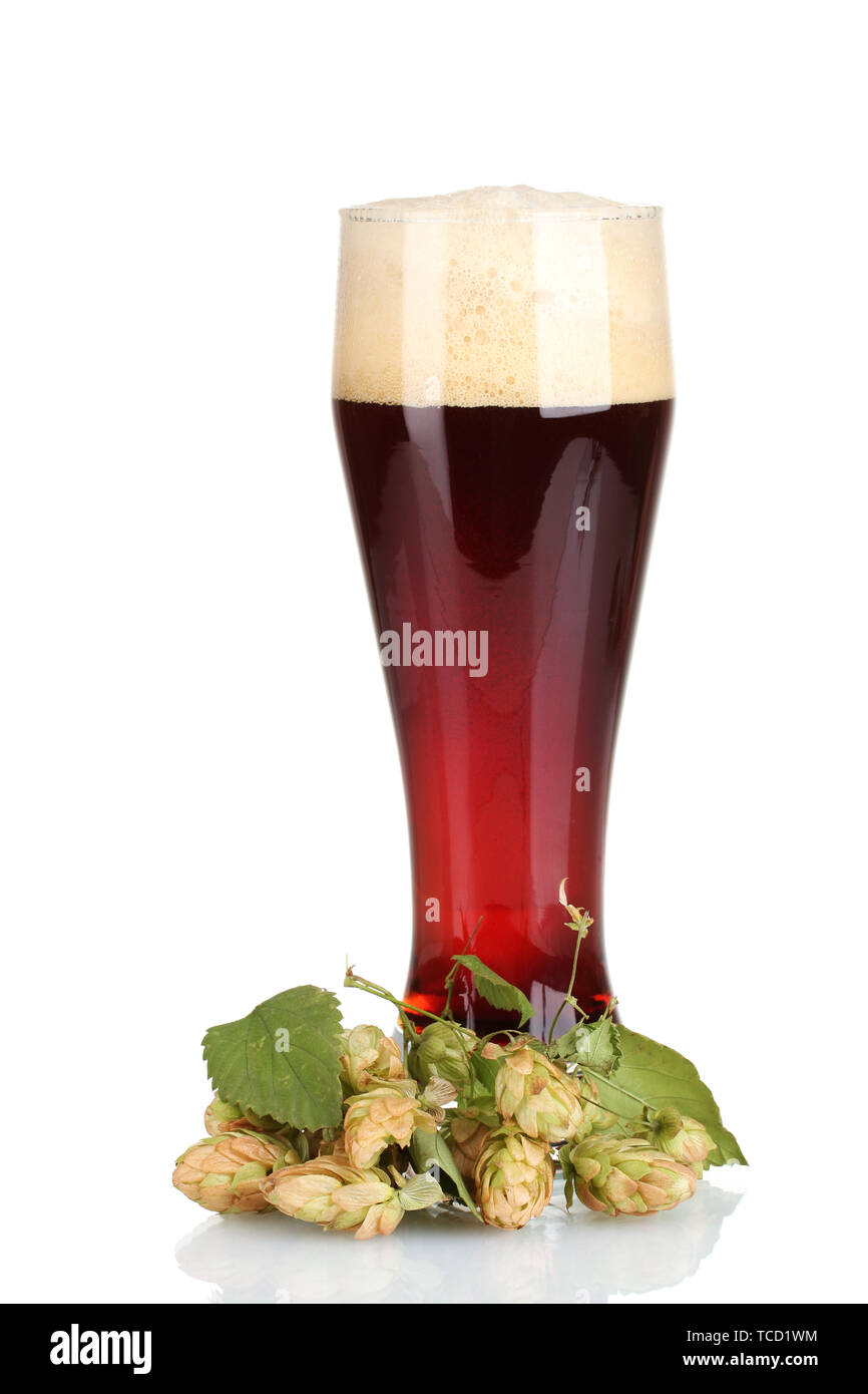 red beer with foam in glass and hop isolated on white Stock Photo - Alamy