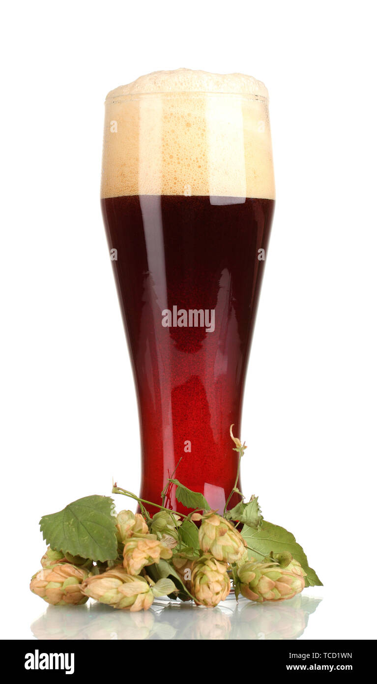 red beer with foam in glass and hop isolated on white Stock Photo - Alamy