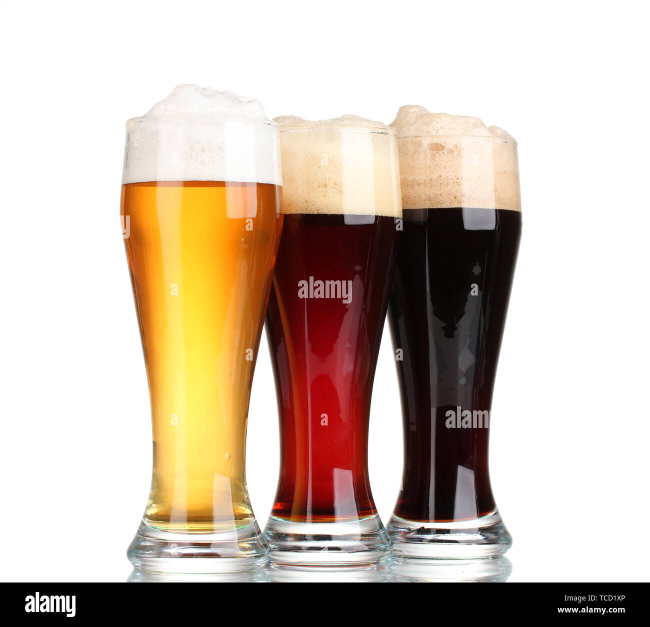three glasses with different beers isolated on white Stock Photo - Alamy