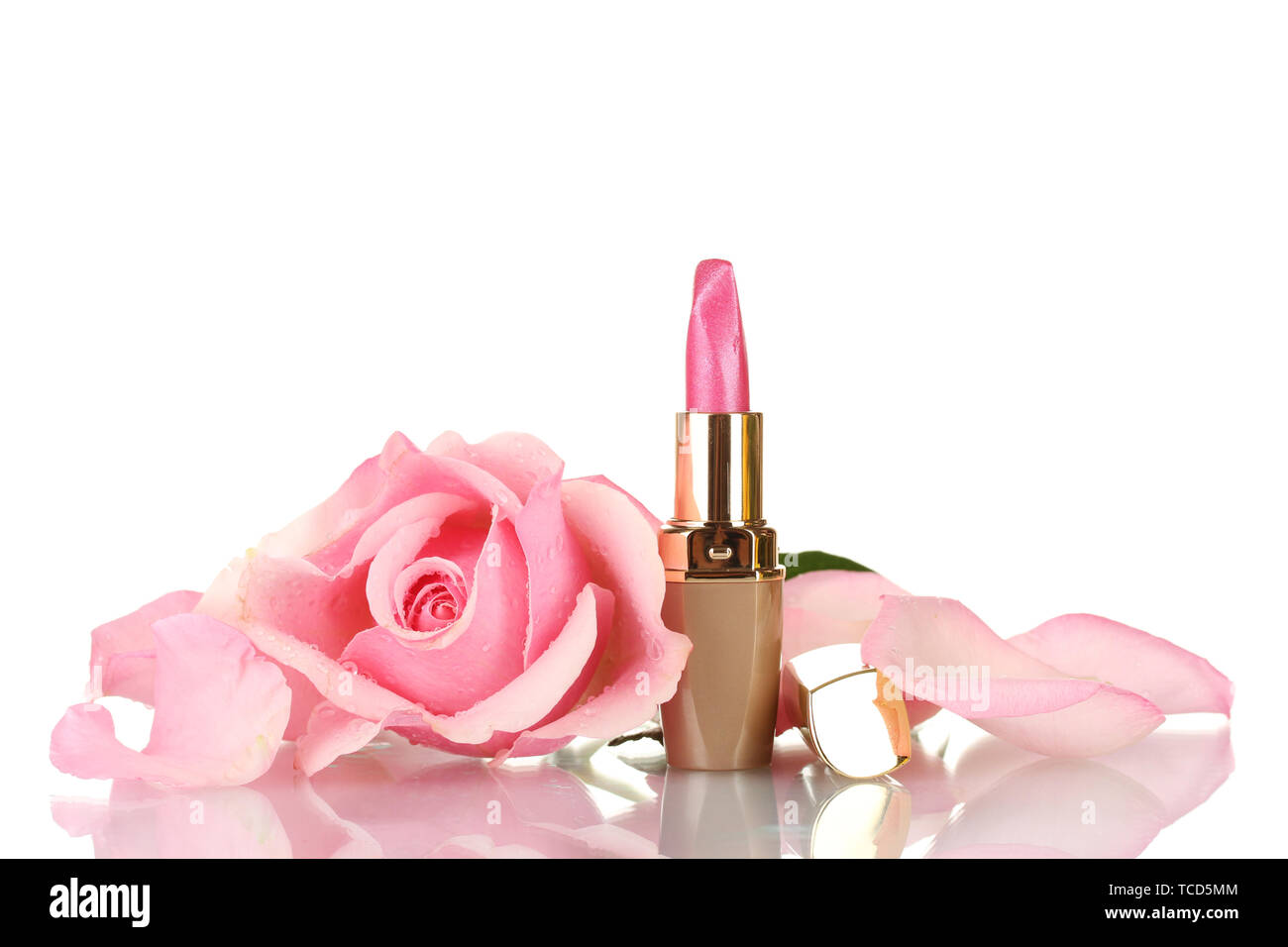Pink lipstick and pink rose isolated on white Stock Photo - Alamy