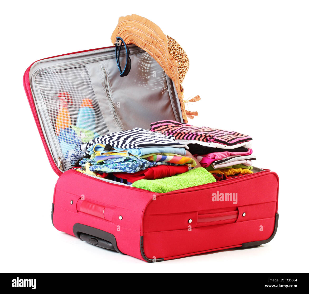 Open red suitcase with clothing isolated on white Stock Photo - Alamy