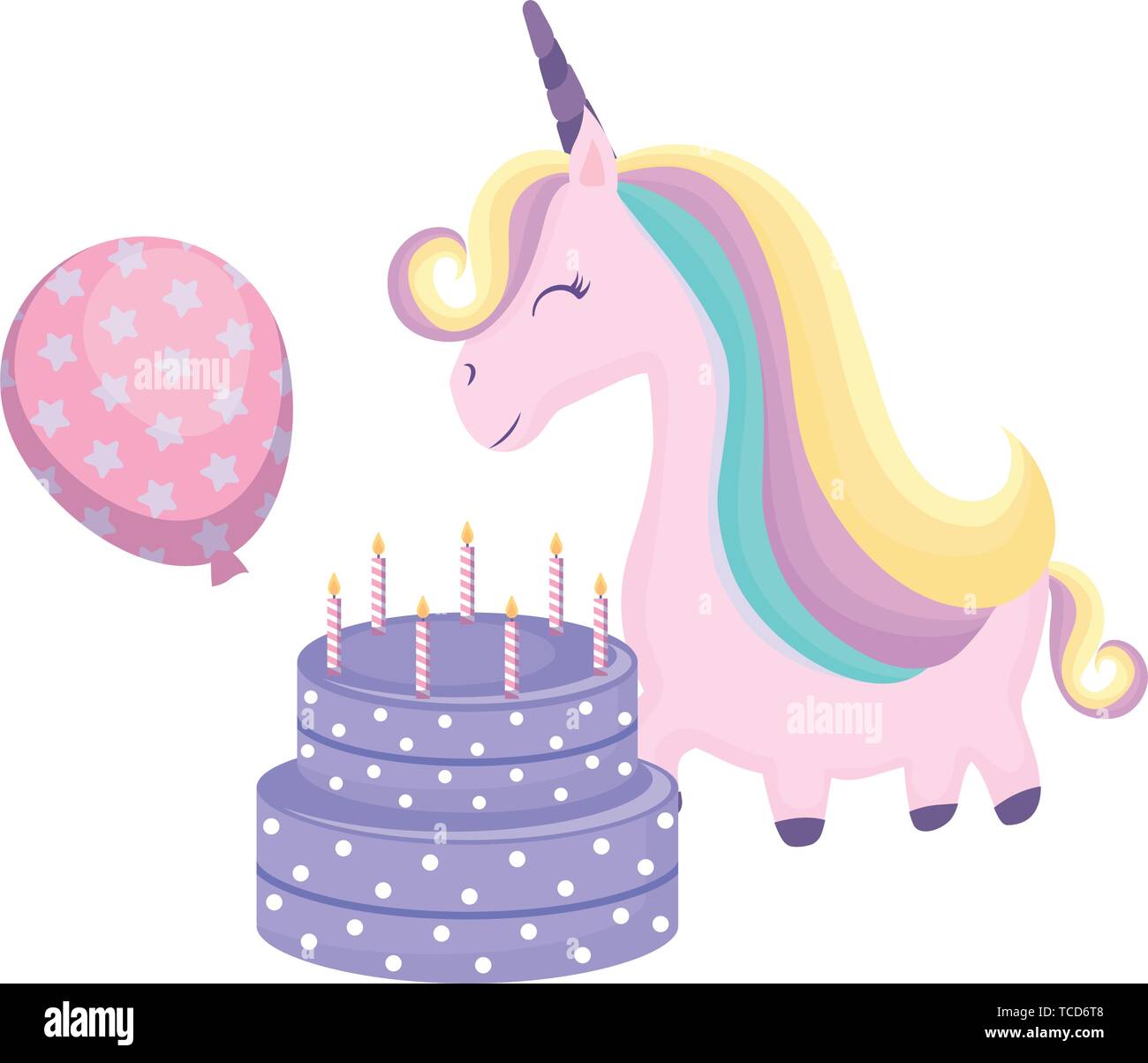 cute unicorn with cake birthday and balloon helium vector illustration ...