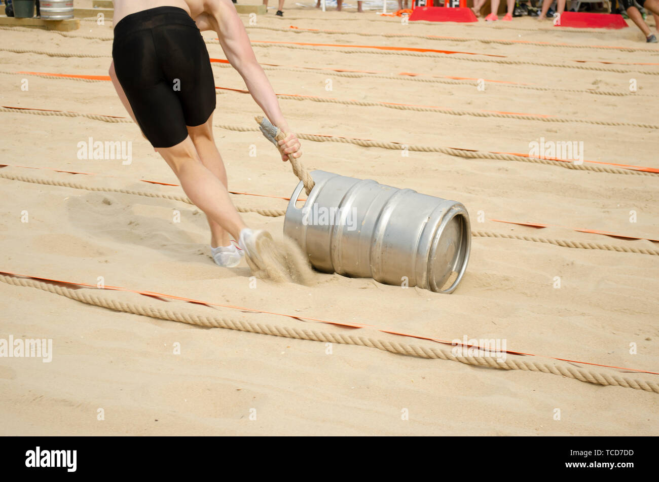 A man in shorts pulls a rope tied with rope over the sand. Sport ...