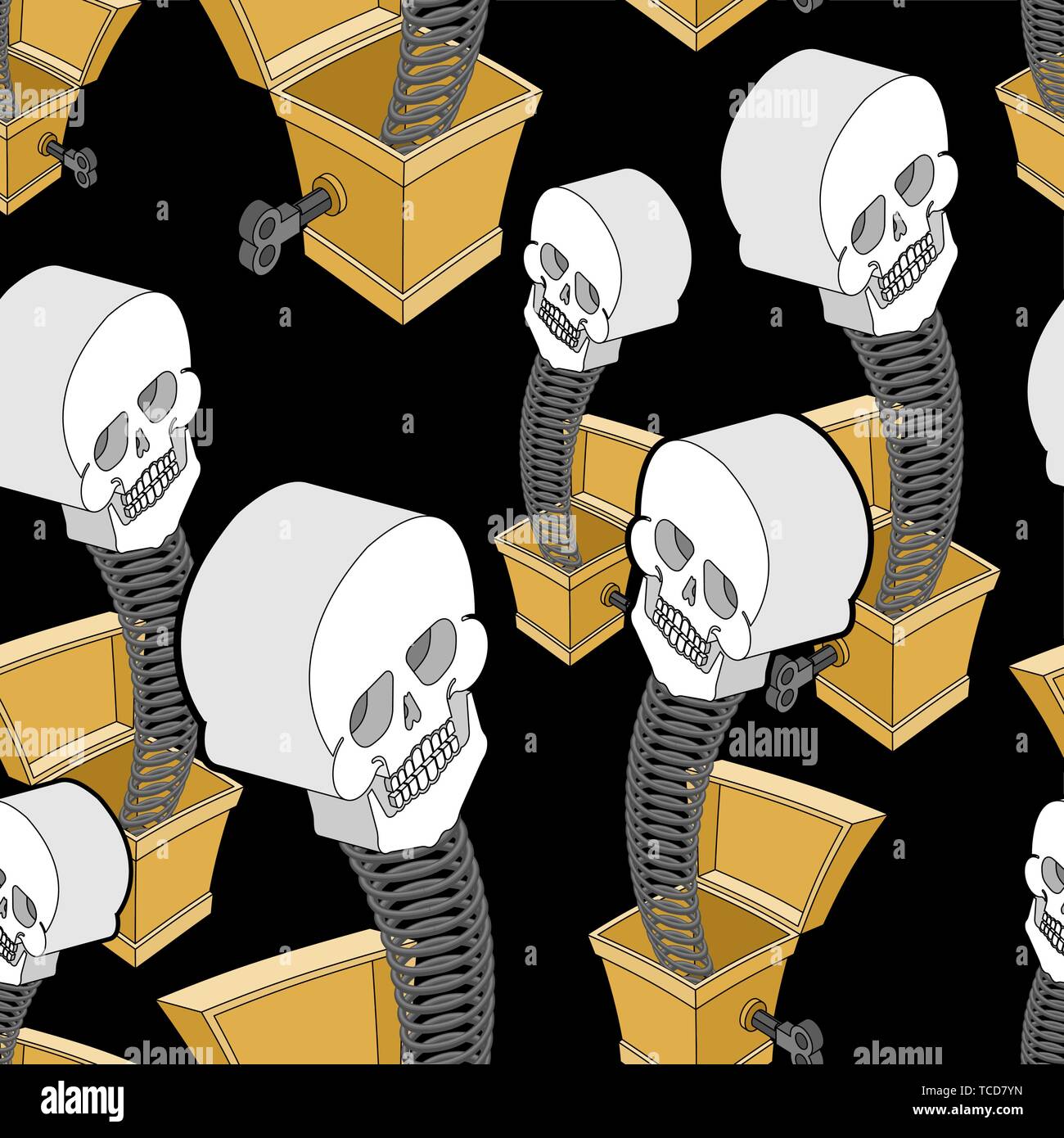 Skull out of prank box pattern seamless. Funny prize skeleton ...
