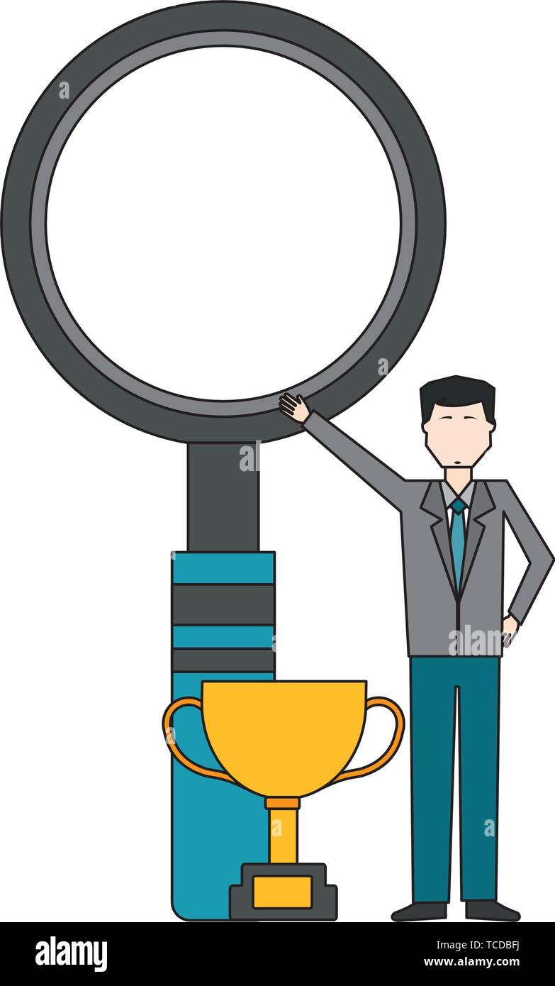 trophy cup with businessman and magnifying glass Stock Vector Image ...