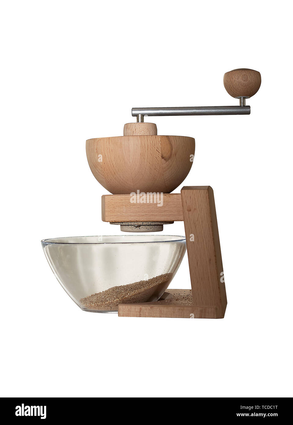 Modern wooden manual kitchen mill with glass bowl isolated on white ...