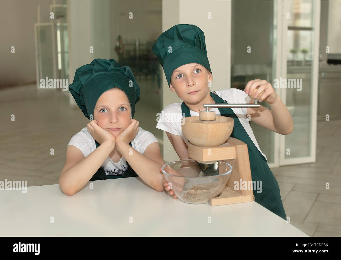 Couple of beautiful young cook chef girls in green chef caps with ...