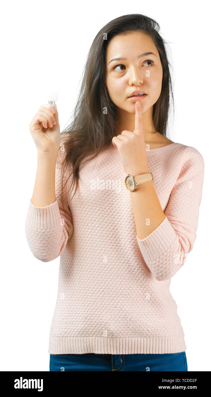 cute young pretty girl thinking on white background Stock Photo - Alamy