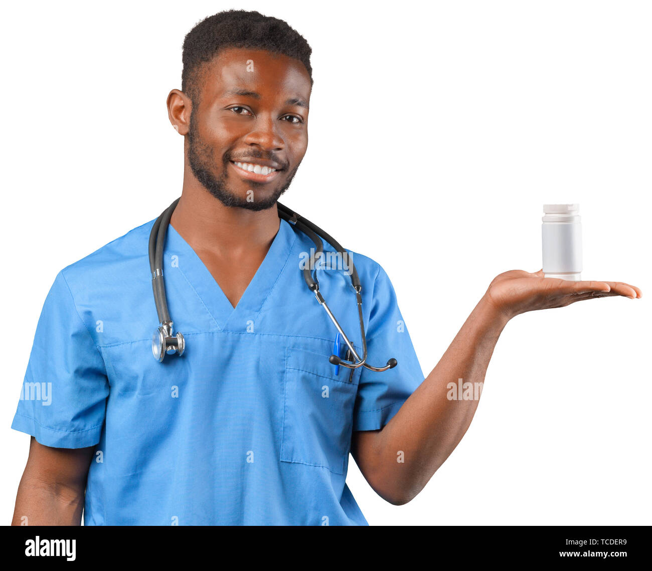 friendly african american pharmacist holding pills Stock Photo - Alamy