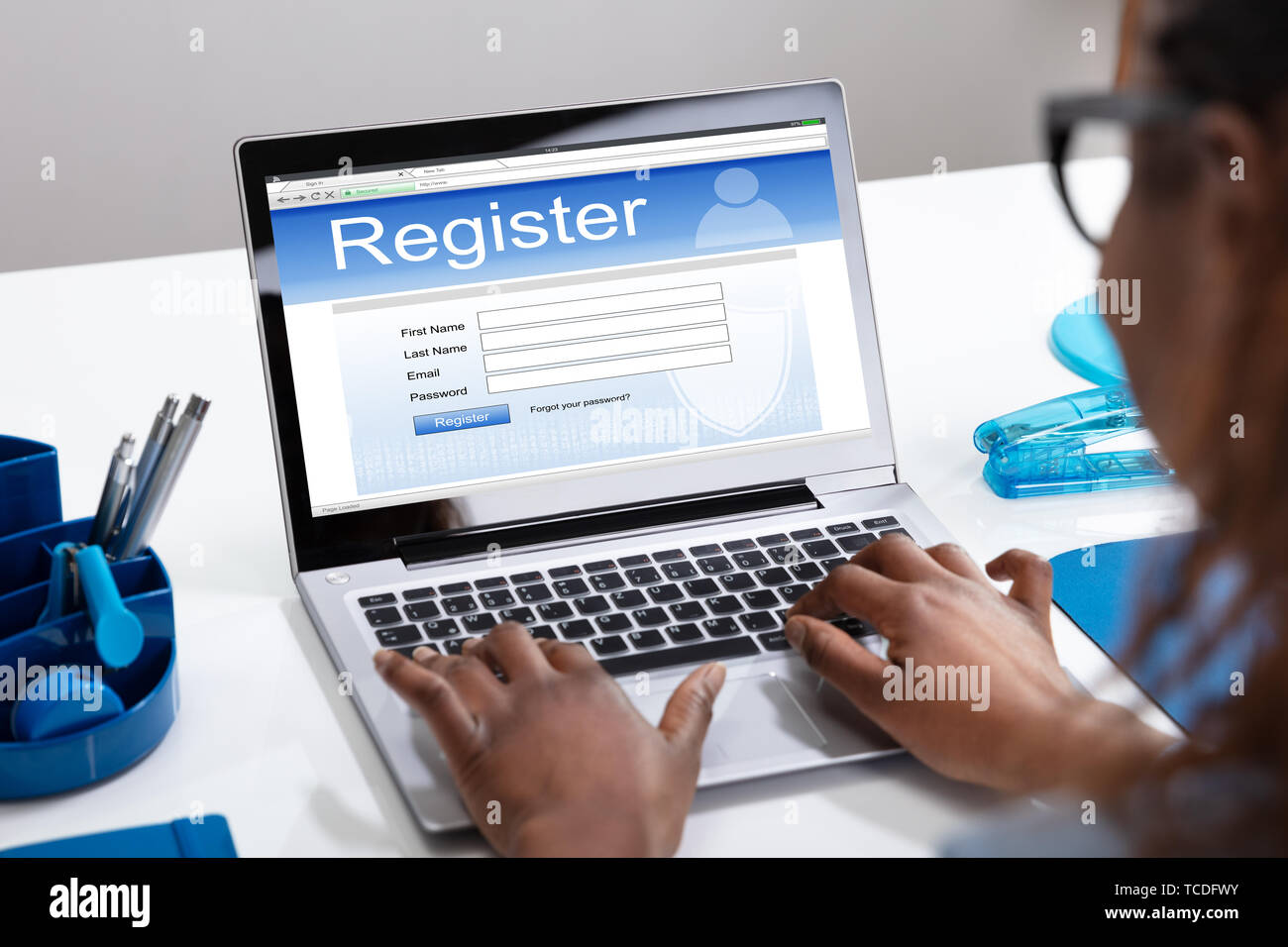 Female hand browsing on laptop hi-res stock photography and images - Alamy
