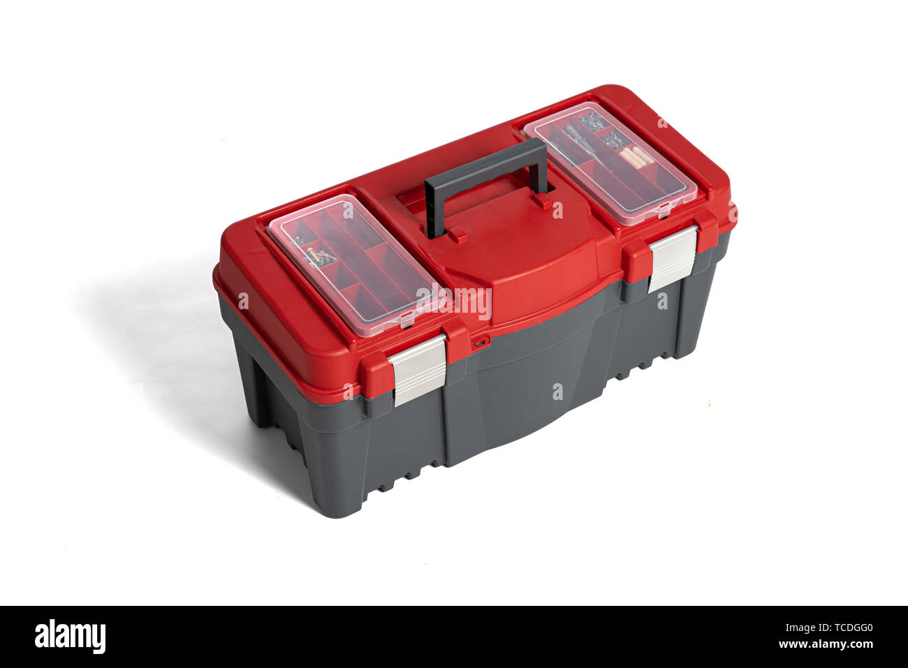 Plastic tool box on a white background. Set of working tools. DIY theme ...