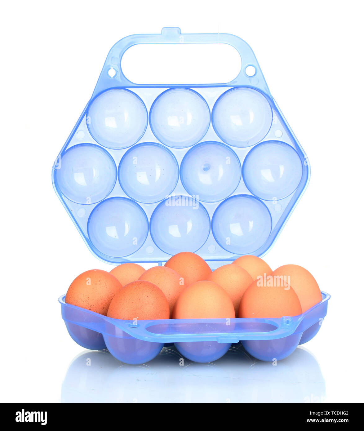 Eggs in blue plastic box isolated on white Stock Photo - Alamy