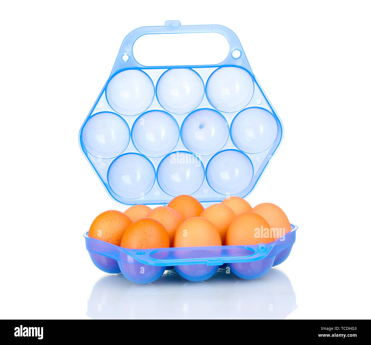 Eggs in blue plastic box isolated on white Stock Photo - Alamy