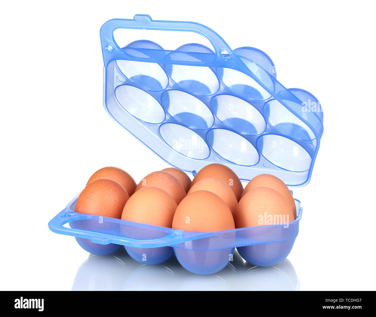 Eggs in blue plastic box isolated on white Stock Photo - Alamy