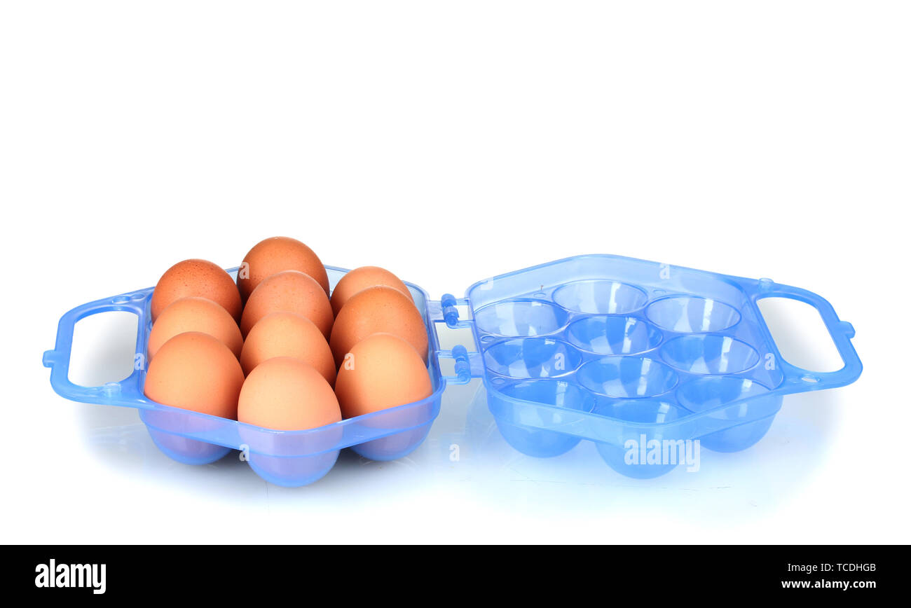 Eggs in blue plastic box isolated on white Stock Photo - Alamy