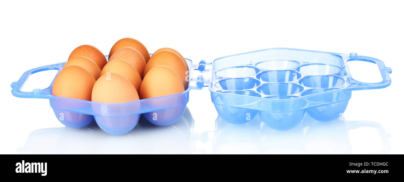 Eggs in blue plastic box isolated on white Stock Photo - Alamy