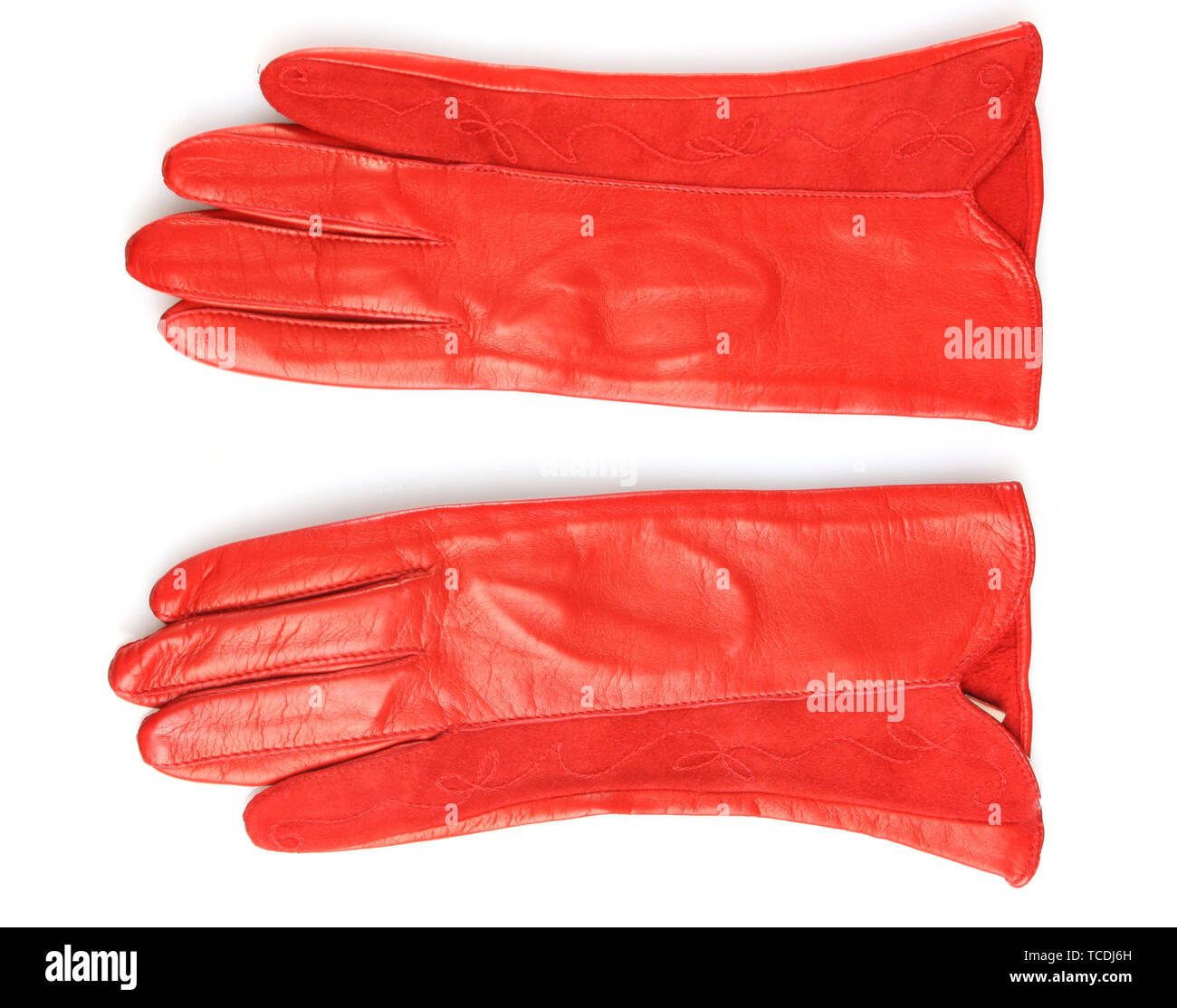 Beautiful red leather women's gloves isolated on white Stock Photo - Alamy