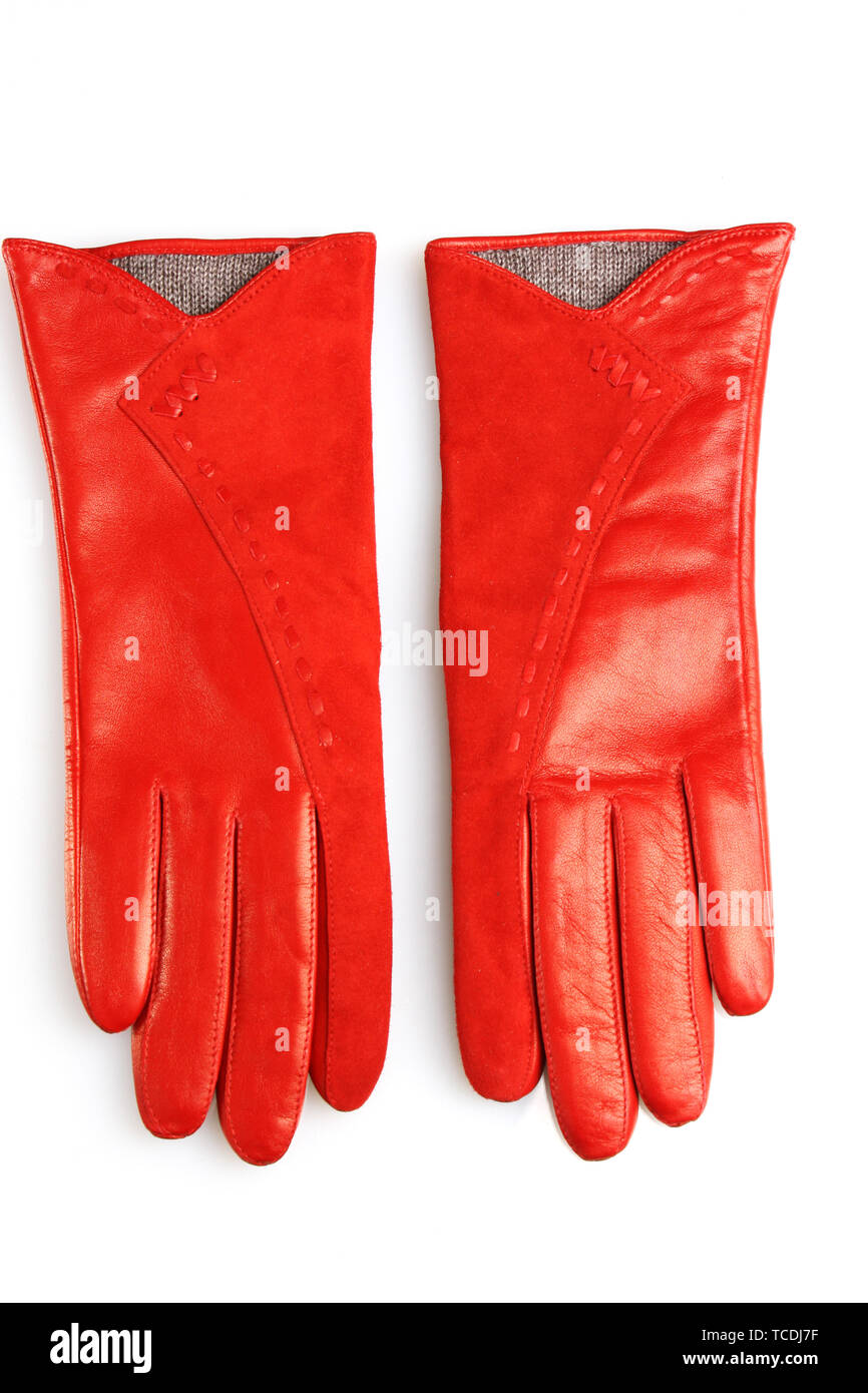 Beautiful red leather women's gloves isolated on white Stock Photo - Alamy