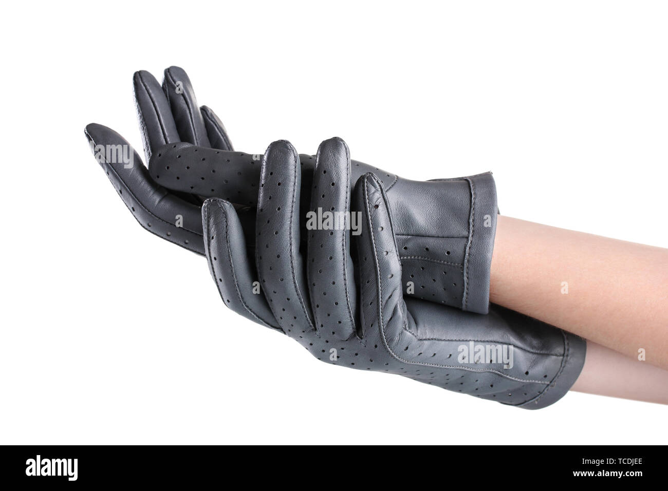 women's hands in gray leather gloves isolated on white Stock Photo - Alamy