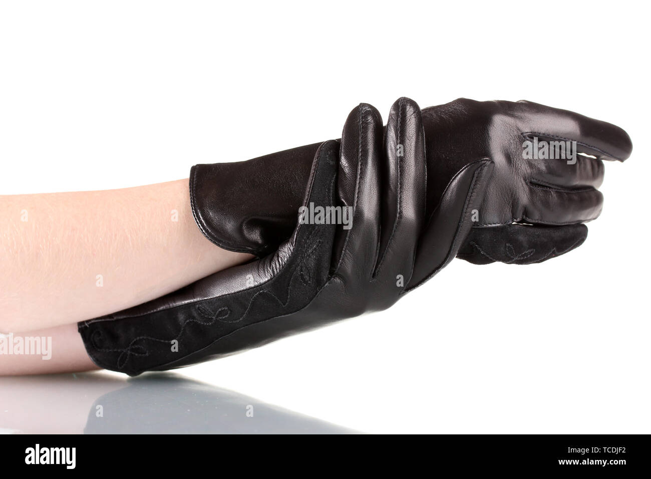 women's hands in black leather gloves isolated on white Stock Photo - Alamy