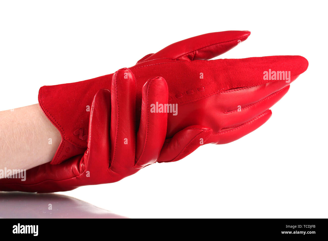 women's hands in red leather gloves isolated on white Stock Photo - Alamy