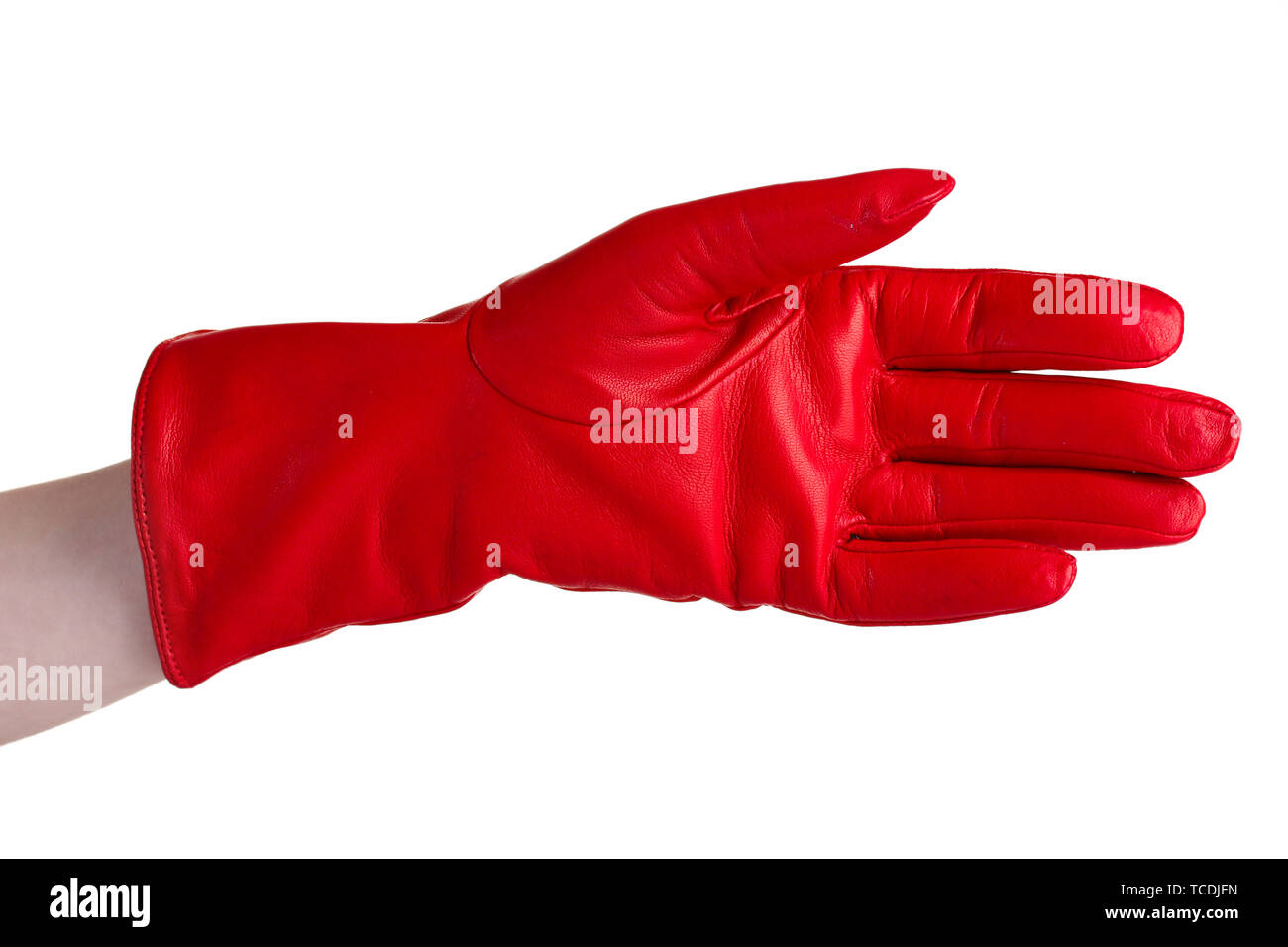 women hand in red leather glove isolated on white Stock Photo - Alamy
