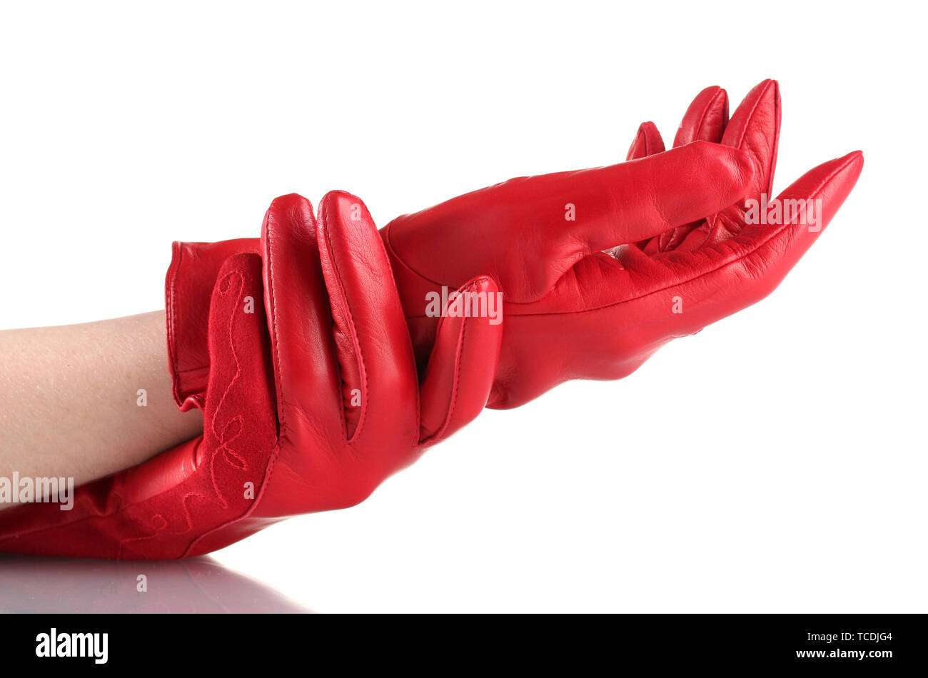 women's hands in red leather gloves isolated on white Stock Photo - Alamy
