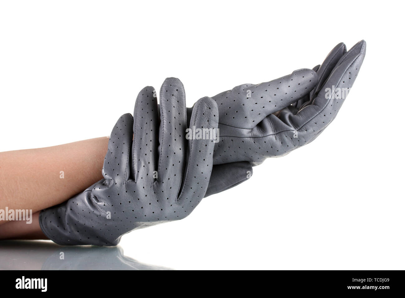 women's hands in gray leather gloves isolated on white Stock Photo - Alamy