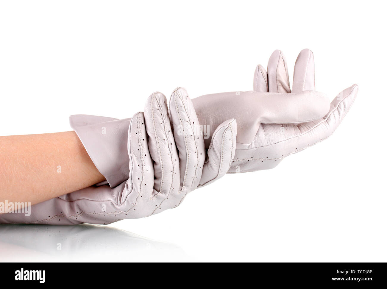 women's hands in gray leather gloves isolated on white Stock Photo - Alamy