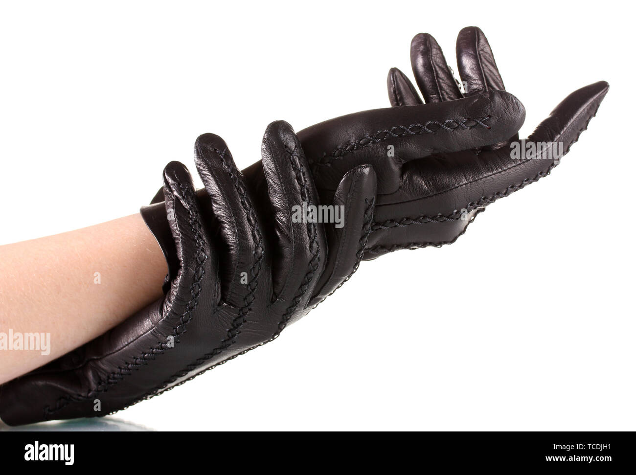 women's hands in black leather gloves isolated on white Stock Photo - Alamy